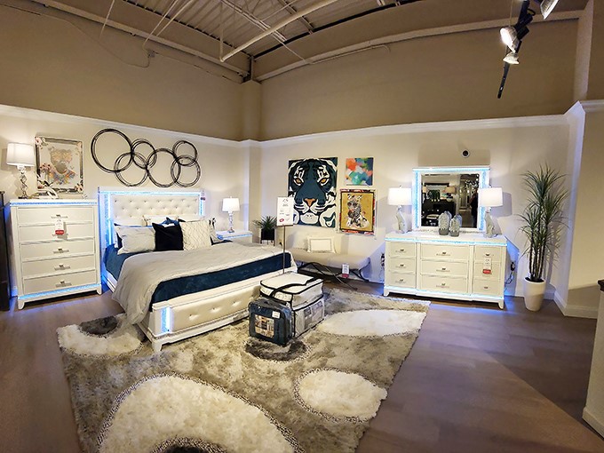 This gleaming white bedroom set with LED lighting isn't just furniture&mdash;it's what the Jetsons would buy if they shopped in Oklahoma.