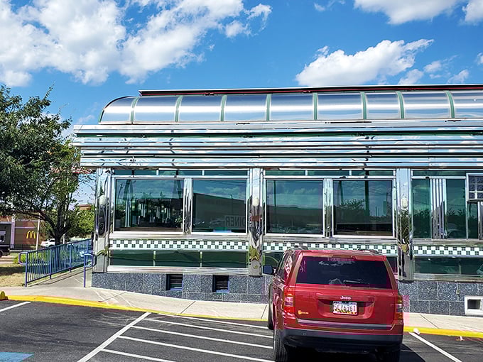 Broadway Diner's gleaming silver exterior shines like a beacon of hope for the hungry, promising 24-hour salvation from cooking at home.