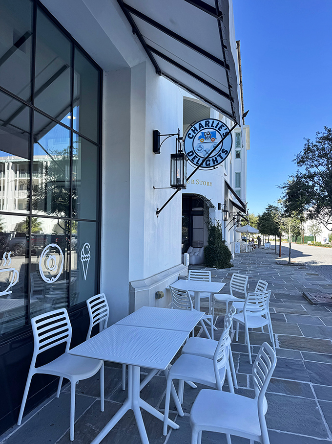 Charlie's Donuts brings elegance to the humble donut. White tables against that pristine storefront feel like dining in the clouds.