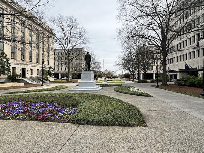 Government buildings surround Columbia's central plaza, where power meets affordability in South Carolina's capital.