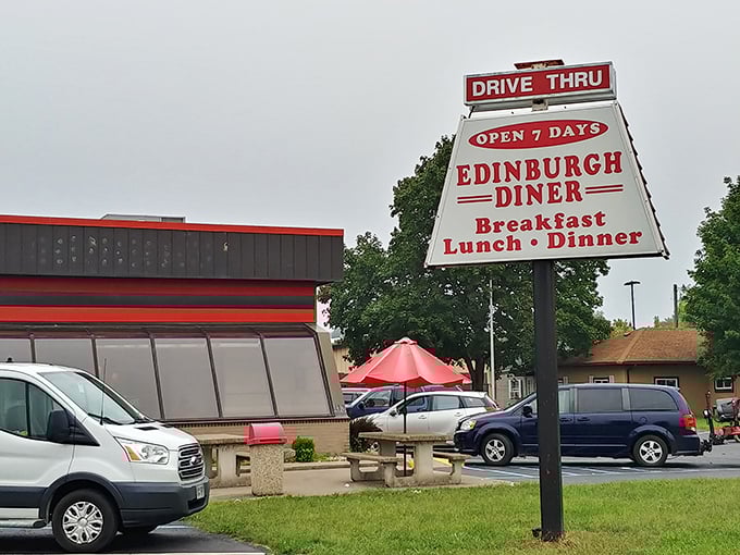 Edinburgh Diner (Edinburgh): The towering sign stands like a beacon for hungry travelers, promising refuge from fast food and salvation through gravy.