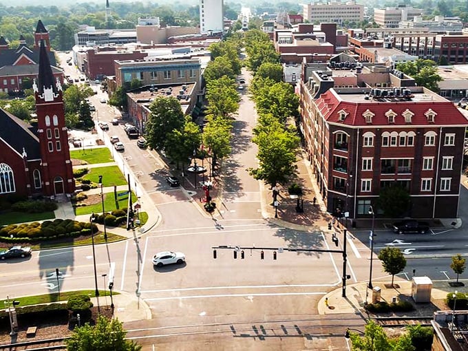 Fayetteville's buildings stand proudly against Carolina blue skies. History and harmony in architectural form.