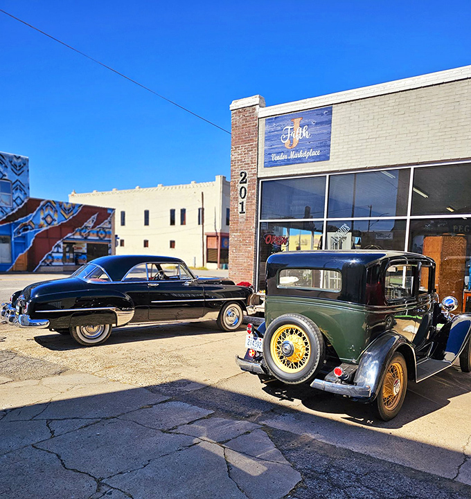 Classic cars outside Fifth J set the perfect tone for this stylish marketplace. They don't make them like this anymore&mdash;the cars or the treasures!