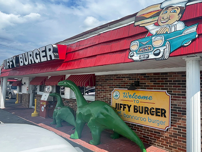 Dinosaurs guard the entrance to burger paradise&mdash;Jiffy Burger's quirky charm is matched only by their legendary patties.