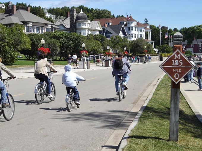 Mackinac Island's waterfront invites cyclists to pedal along M-185, America's only state highway where the traffic jams involve horses rather than horsepower.