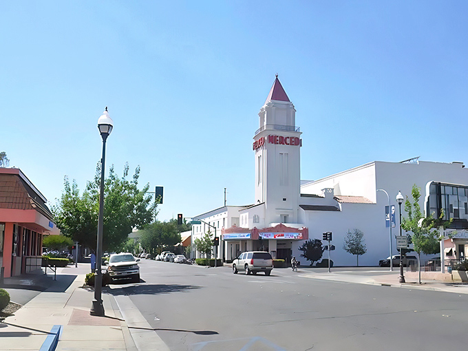 Merced's striking white theatre tower rises above downtown like a beacon for budget-conscious retirees seeking affordable California living.