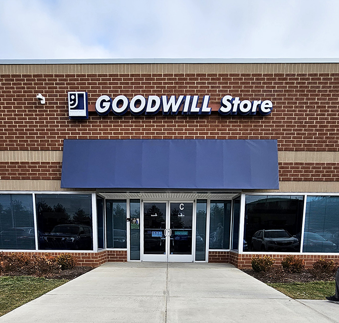 The sleek, modern facade of Frederick's Goodwill invites you in for a treasure hunt. Clean lines outside, chaos of finds inside!