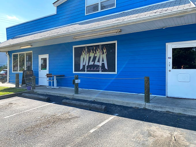 The Pizza Chapel's heavenly blue exterior hints at the divine pies created within. Hallowed be thy crust!