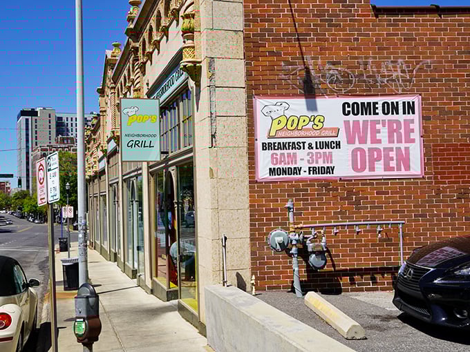 Pop's brick storefront looks like it belongs in a movie where the main character discovers the meaning of life through an amazing cheeseburger.
