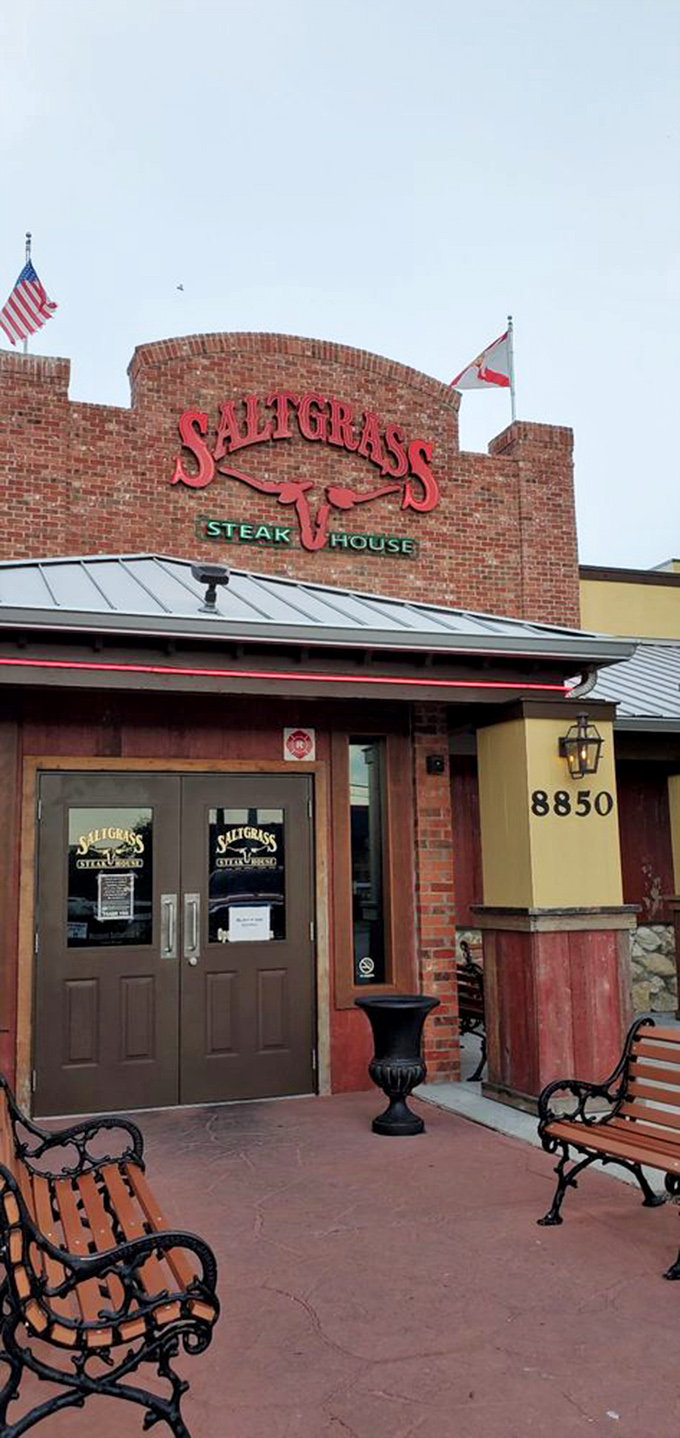 Saltgrass's impressive brick castle stands like a fortress protecting the sacred art of perfect steak preparation.