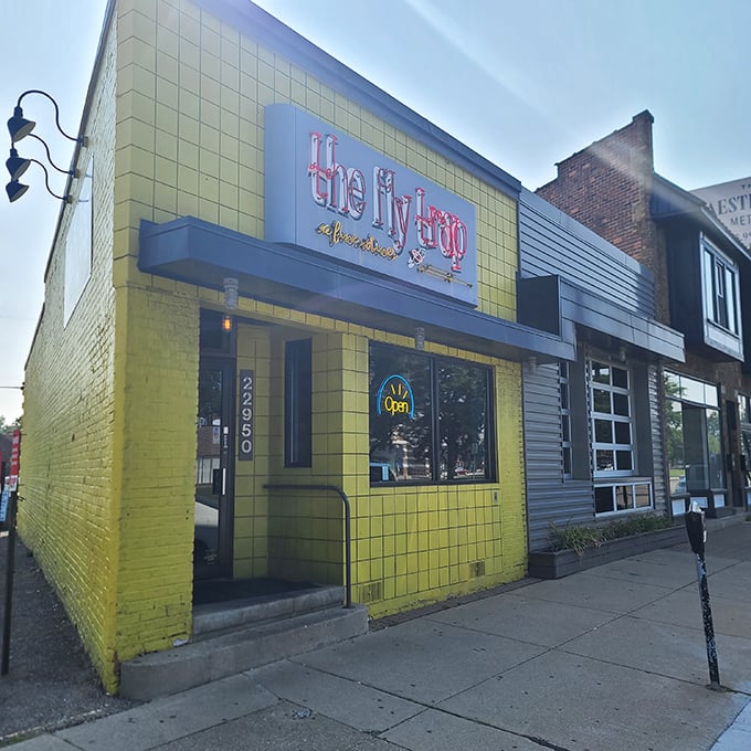 The Fly Trap's sunshine-yellow exterior is like a mood-boosting vitamin for Ferndale's Woodward Avenue. Impossible to miss, impossible to forget!