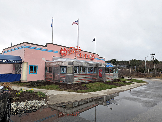 Tilt'n Diner's cotton candy pink exterior is like a time machine disguised as a restaurant&mdash;1950s Americana served with a side of pancakes.