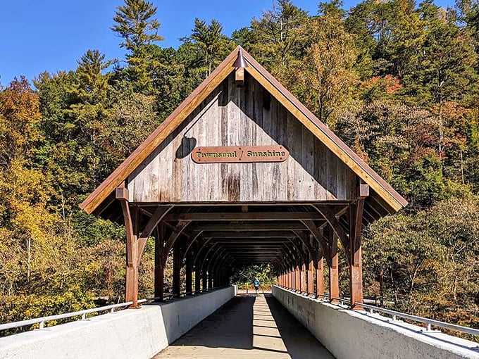 Townsend's covered bridge welcomes hikers and nature lovers with a wooden embrace—the gateway to "the peaceful side of the Smokies."