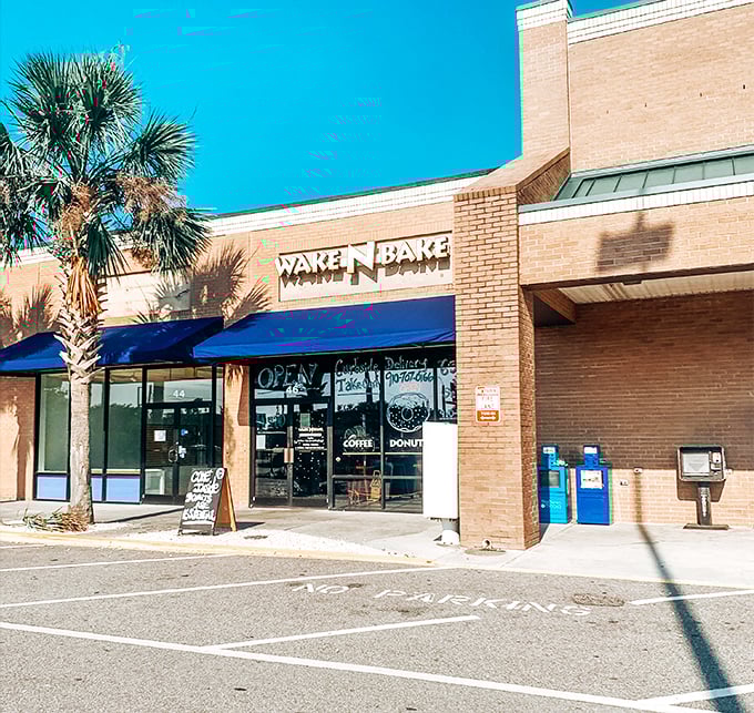 Wake N Bake's modern storefront brings donut innovation to Carolina Beach. That palm tree knows what's up!