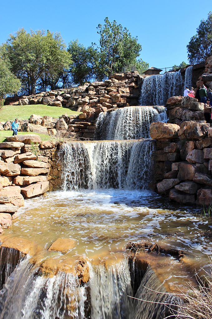 Wichita Falls' man-made waterfalls cascade through limestone, creating a peaceful oasis in North Texas.