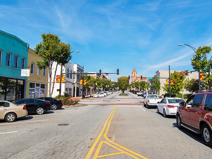 The view down Anderson's main thoroughfare showcases its small-town appeal. Those colorful awnings add just the right touch of charm!