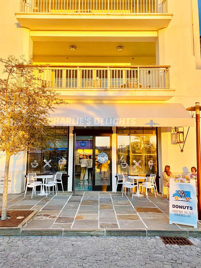 Sophisticated simplicity at Charlie's Donuts. The clean lines and outdoor seating create the perfect backdrop for donut appreciation.