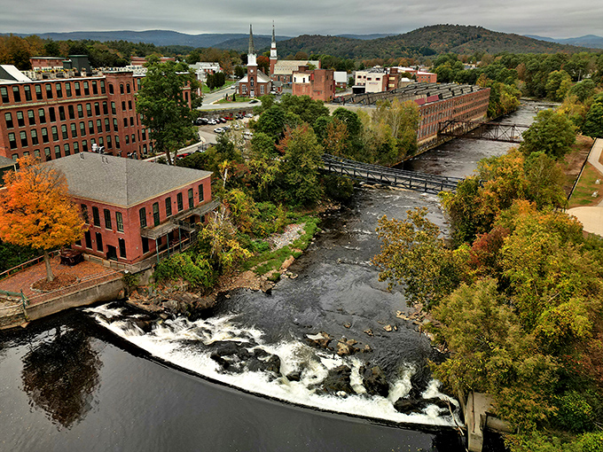 The rushing waters that once powered Claremont's mills now provide scenic beauty. Nature and history in perfect harmony.