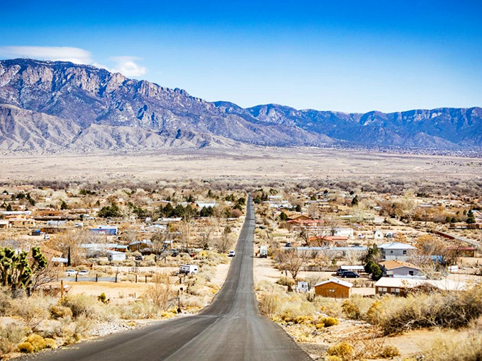 The adobe buildings of Corrales blend seamlessly with the landscape, creating a timeless New Mexican village vibe.