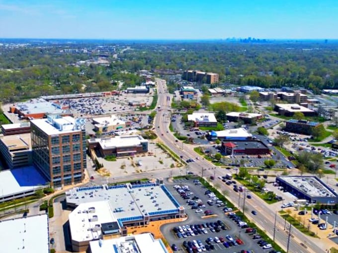 An aerial view of Creve Coeur reveals its thoughtful layout. Well-planned developments balance commercial needs with plenty of green space&mdash;suburban living at its finest.