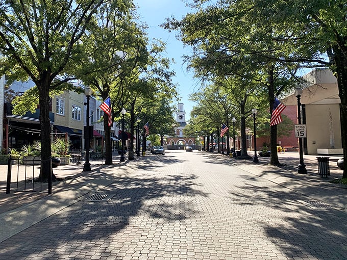 Downtown Fayetteville's streetscape tells stories of yesterday and today. American flags wave welcome to all.