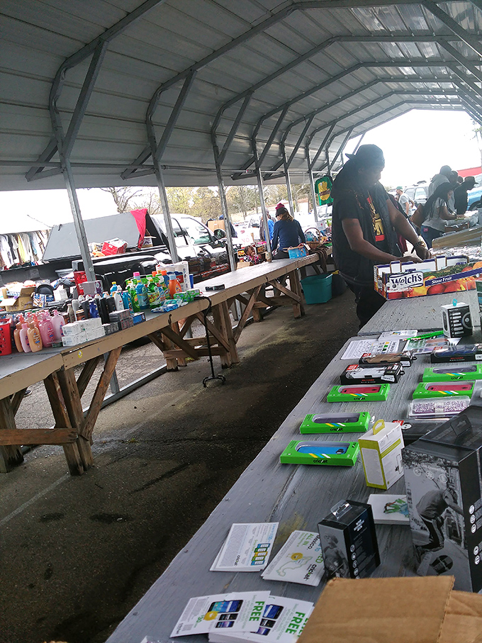 Under the market's covered outdoor space, tables laden with merchandise await eagle-eyed shoppers looking for that perfect find.