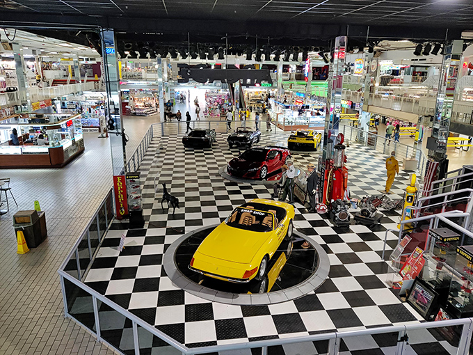 Checkered floors showcase dream machines. The perfect distraction when your arms need a rest from carrying all those bargains.
