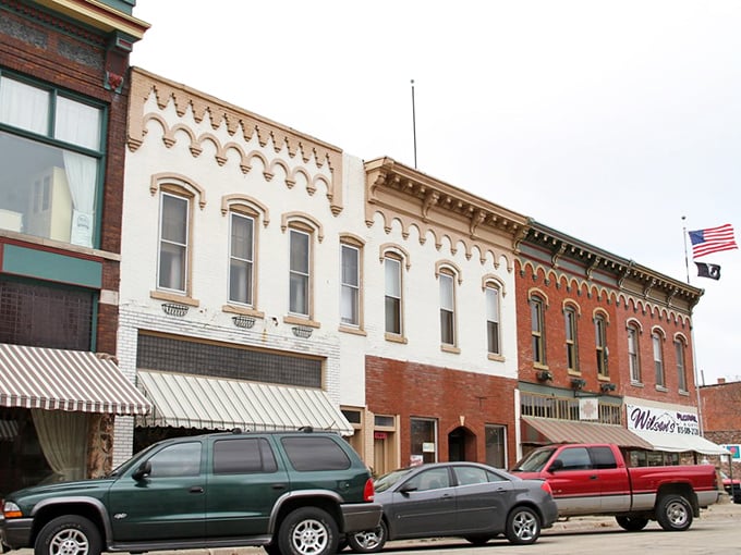 Fulton's charming storefronts stands tall against the Illinois sky, a slice of historic downtown pride in the heart of the Midwest.