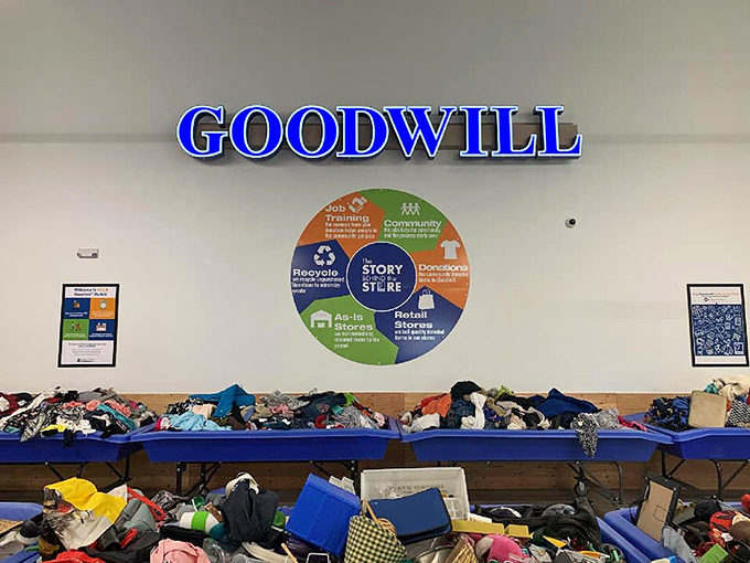 The blue bins of Goodwill's As-Is Outlet await their next rotation, each one potentially hiding the find of the century.