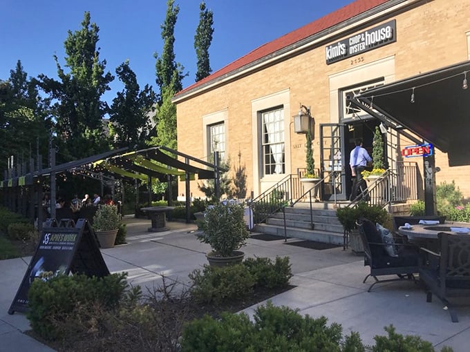 Kimi's welcoming entrance and outdoor seating create the perfect seafood oasis. Utah's answer to coastal dining!