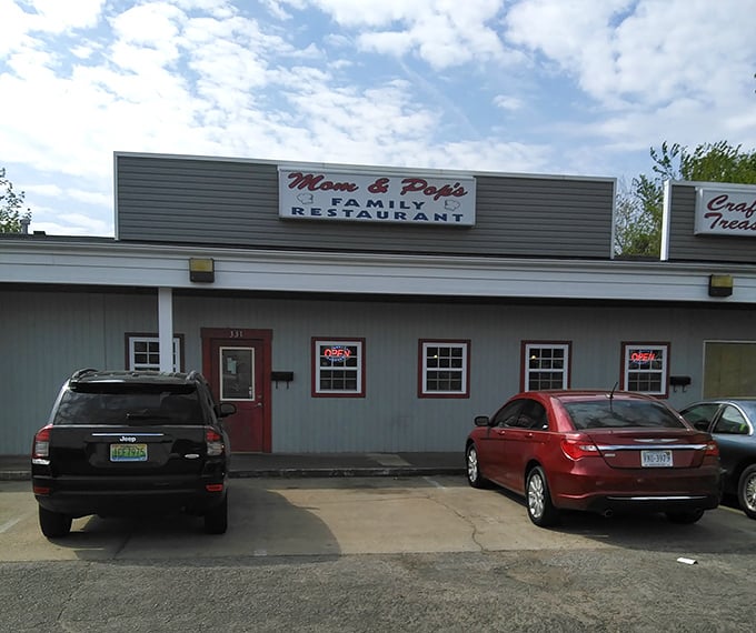 That red-trimmed entrance might as well be a portal to your grandmother's kitchen on Sunday morning.