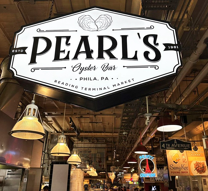 The elegant simplicity of Pearl's sign belies the expert craftsmanship happening at this market counter where oysters are the stars.
