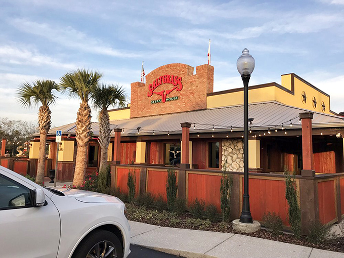 The flags flying above Saltgrass seem to announce: "Attention all steak lovers – your destination awaits!"
