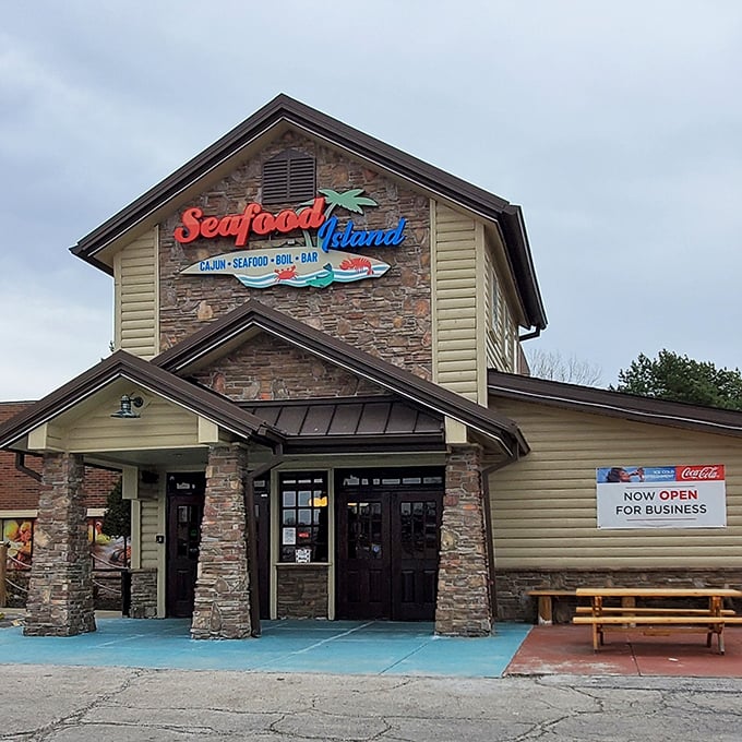 The "Now Open" sign is your invitation to discover Seafood Island's unique blend of Cajun and Asian seafood magic.