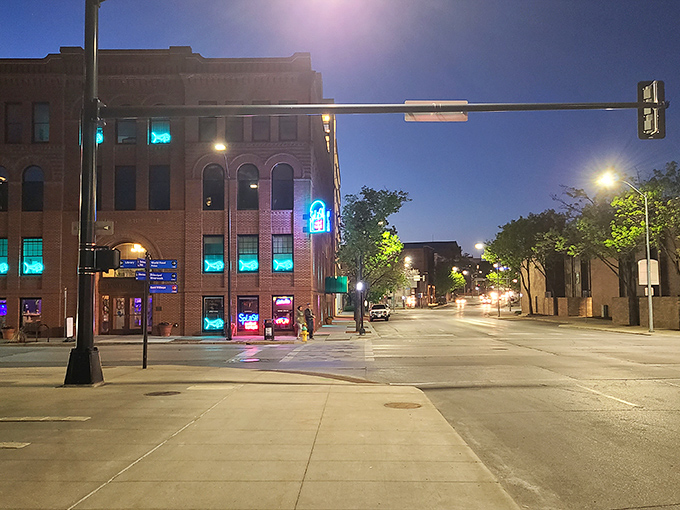 By night, those neon-blue windows transform this brick building into an underwater fantasy - no scuba gear required.