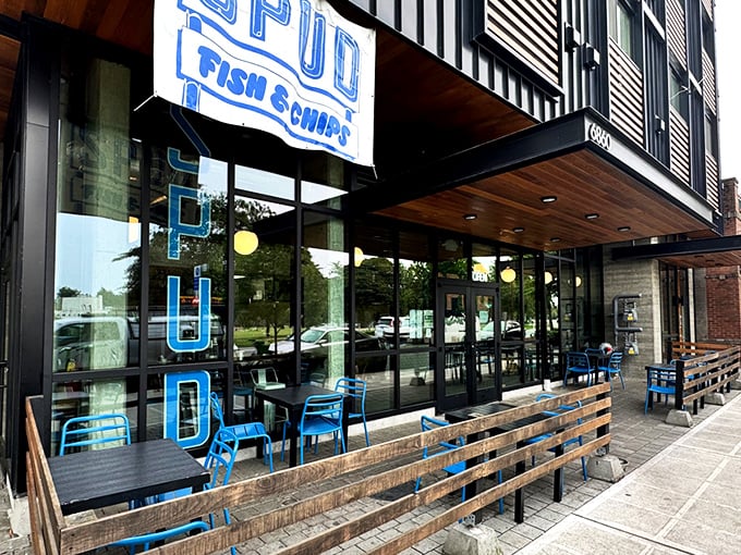 The handwritten "SPUD" sign tells you everything&mdash;this place focuses on perfectly fried fish rather than fancy decor.