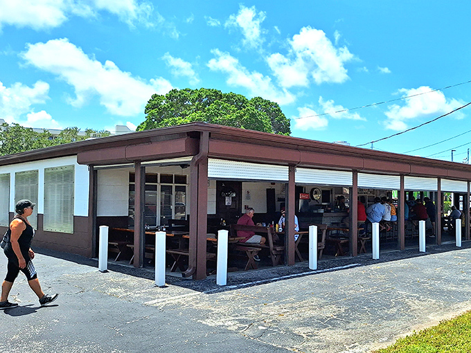 No fancy sign needed when the aroma of smoked mullet does your advertising. Follow your nose to seafood nirvana.