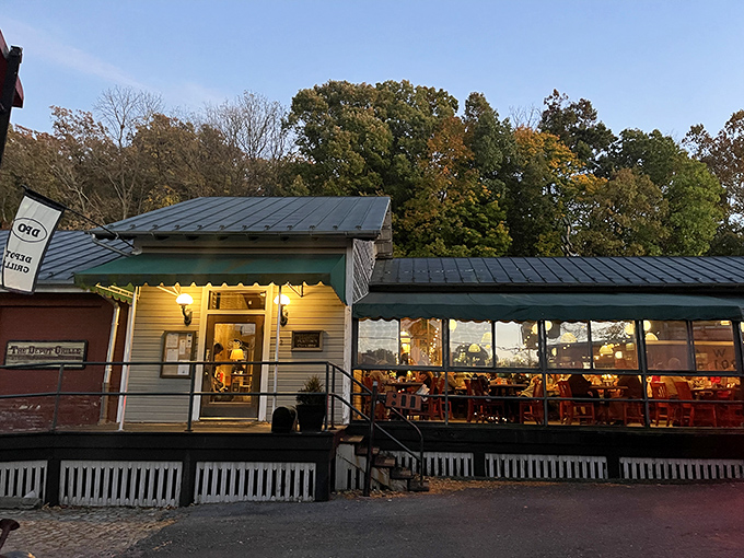 Evening lights welcome diners to The Depot Grille &ndash; where history and hearty steaks share the spotlight.
