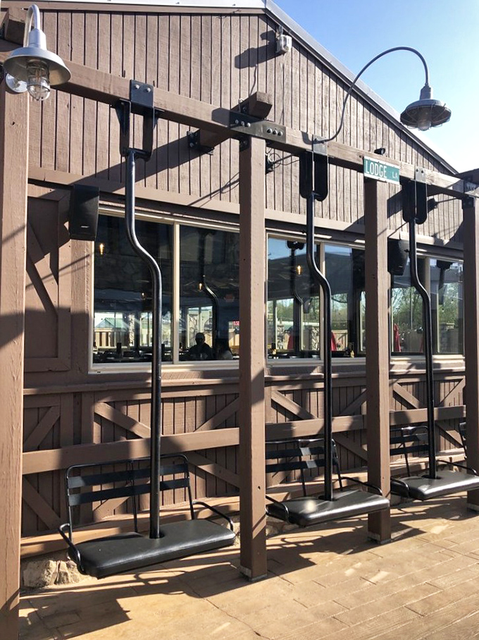 These outdoor seats at The Hickory Lodge look ready for conversations that stretch long into the evening over cold beers and hot meals.