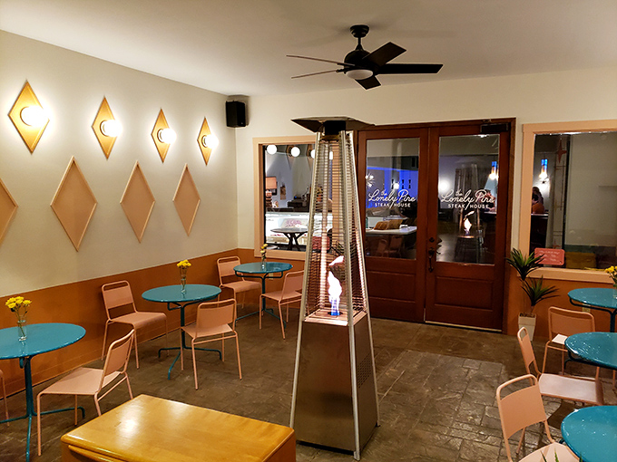 Turquoise tables and diamond lights create the perfect backdrop for steaks that deserve their own spotlight.