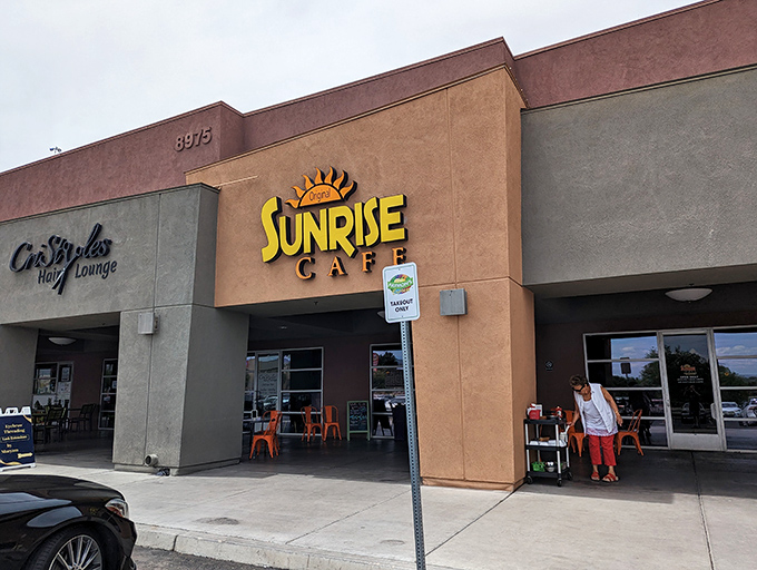 The Original Sunrise Cafe stands ready for breakfast seekers – its earth-toned exterior hiding egg-cellent treasures within.