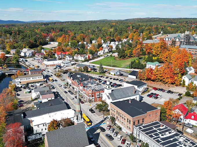 Tilton seen from above reveals a picture-perfect town nestled among trees that put on quite the autumn show.
