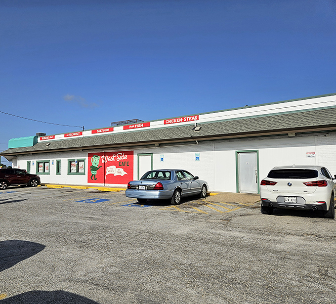 The long, whitewashed building of West Side Cafe hints at the Texas-sized portions waiting inside. That "CHICKEN STEAK" sign is calling my name!