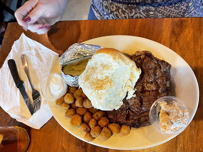 Not in a chicken fried mood? The ribeye steps up to the plate with a side of fried okra and Texas toast. Carnivore satisfaction guaranteed.