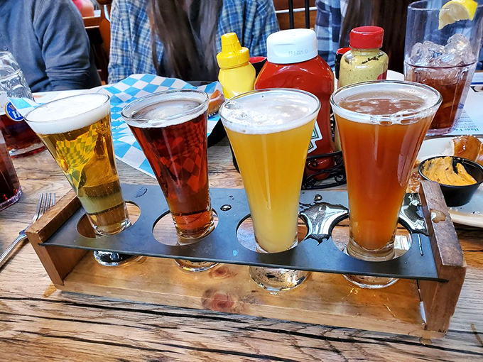 A flight of liquid sunshine in four distinct shades. German beer tasting: the adult version of a rainbow you can actually enjoy.