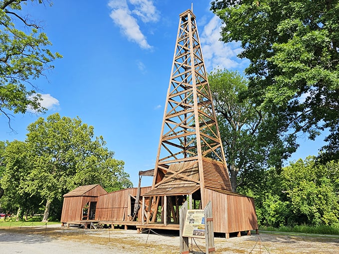 The Nellie Johnstone oil well replica stands as a wooden monument to the black gold that transformed Bartlesville from prairie outpost to petroleum powerhouse.