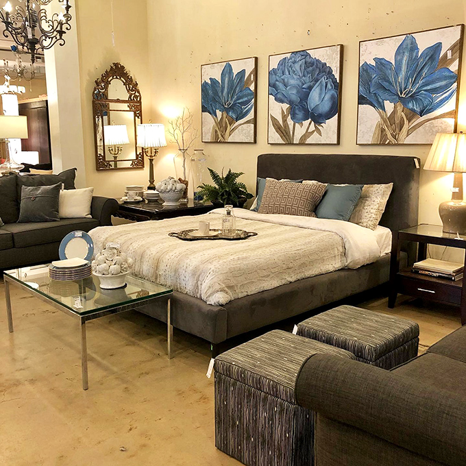 Bedroom elegance that makes hotel suites jealous. Those blue floral prints create a focal point that would make even the most restless insomniac drift peacefully to sleep.