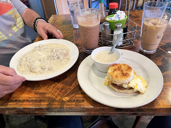 Biscuits and gravy: The South's greatest contribution to breakfast diplomacy, served alongside what appears to be eggs Benedict's cooler cousin.