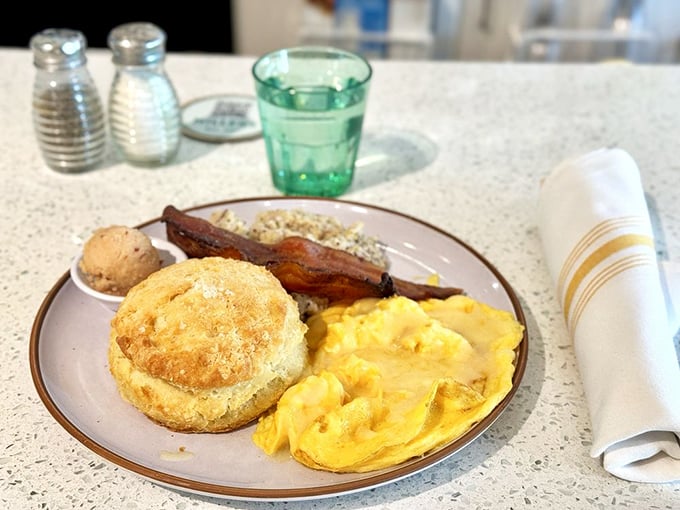 A golden biscuit, fluffy eggs, and bacon that's achieved that magical crisp-yet-chewy state&mdash;breakfast's holy trinity on a plate.