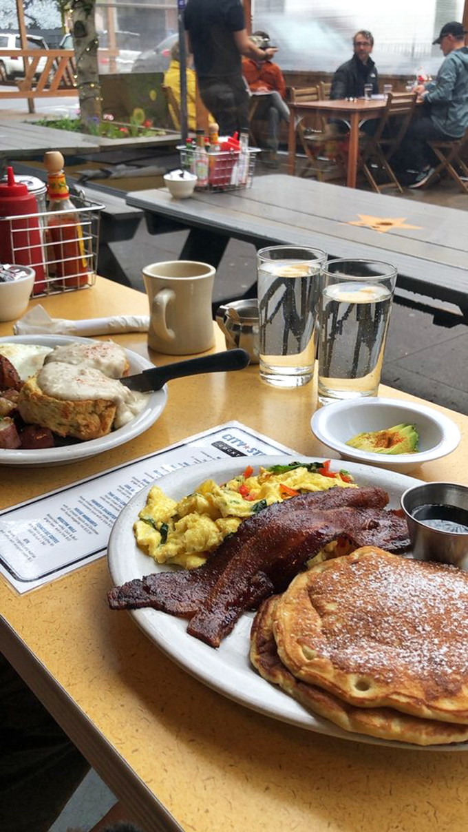 When your breakfast comes with perfectly ripe avocado slices, you know you're in Portland. Those home fries look like they've been practicing for this moment.